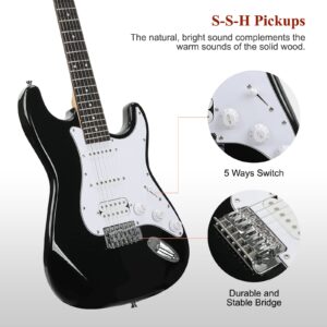 SAYHA Electric Guitar, 39 Inch Solid Full-size Electric Guitar HSS Pickups Starter Kit Includes Amplifier, Bag, Digital Tuner, Strap, String, Cable, Picks（Black）