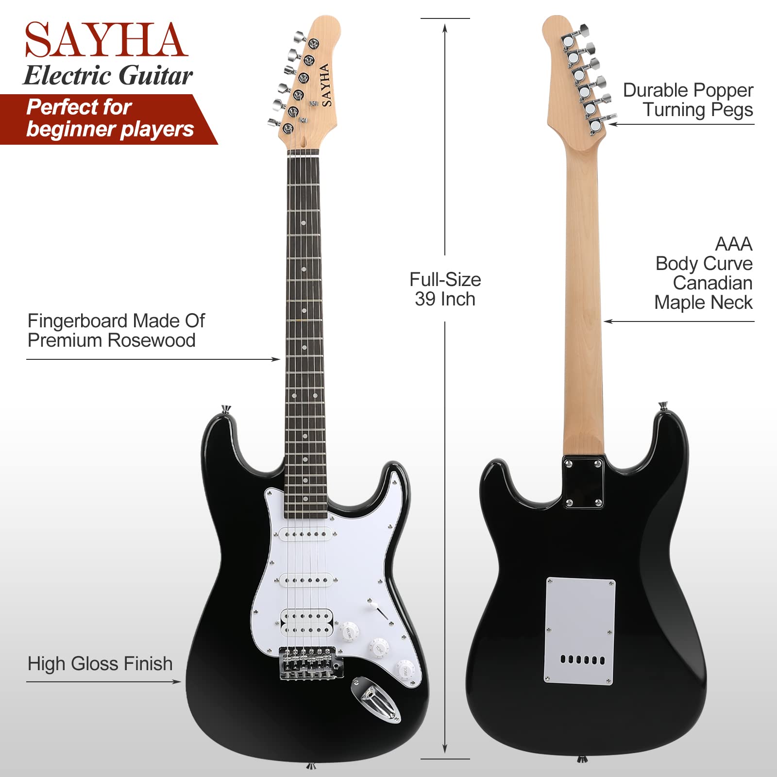 SAYHA Electric Guitar, 39 Inch Solid Full-size Electric Guitar HSS Pickups Starter Kit Includes Amplifier, Bag, Digital Tuner, Strap, String, Cable, Picks（Black）