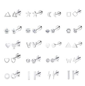 plomfov stainless steel stud earrings set for women men 18g cartilage stud earrings moon star triangle circle heart square butterfly cz stainless steel flat back earrings piercing jewelry