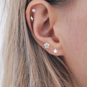 PLOMFOV Stainless Steel Stud Earrings Set for Women Men 18G Cartilage Stud Earrings Moon Star Triangle Circle Heart Square Butterfly CZ Stainless Steel Flat Back Earrings Piercing Jewelry