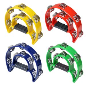 hlmoptimo double row tambourine, half-moon musical tambourine hand held for kids, adults, party, ktv 4 colors (9 inch, pack of 4)