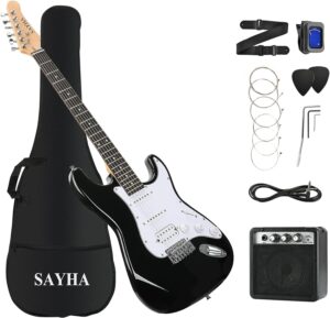 sayha electric guitar, 39 inch solid full-size electric guitar hss pickups starter kit includes amplifier, bag, digital tuner, strap, string, cable, picks（black）