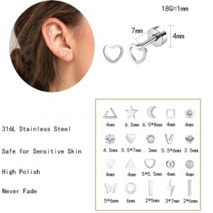 PLOMFOV Stainless Steel Stud Earrings Set for Women Men 18G Cartilage Stud Earrings Moon Star Triangle Circle Heart Square Butterfly CZ Stainless Steel Flat Back Earrings Piercing Jewelry