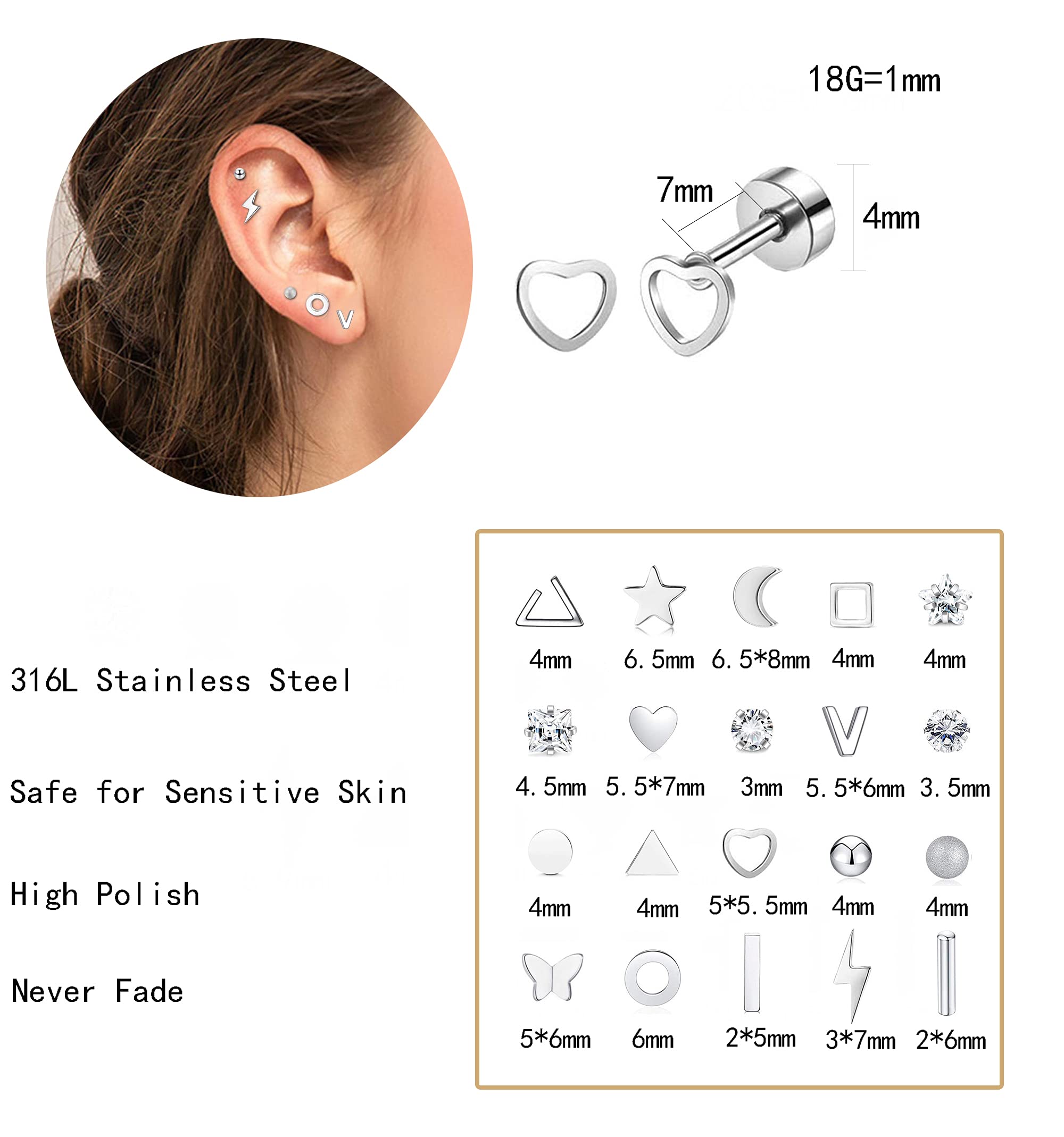 PLOMFOV Stainless Steel Stud Earrings Set for Women Men 18G Cartilage Stud Earrings Moon Star Triangle Circle Heart Square Butterfly CZ Stainless Steel Flat Back Earrings Piercing Jewelry