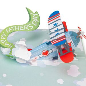 paper love fathers day pop up card, happy father's day biplane, gift for dad, husband, son, anyone - 5" x 7" cover - includes envelope and note tag