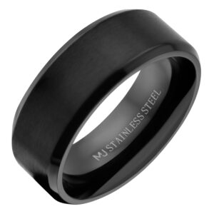 mj metals jewelry custom engraved 8mm black plated stainless steel brushed center beveled edge band ring size 11