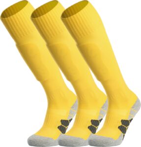 aptesol youth soccer socks knee high team sport cushion sock women men long tube cotton athletic compression socks (3-pair yellow,x-small)