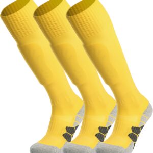 APTESOL Youth Soccer Socks Knee High Team Sport Cushion Sock Women Men Long Tube Cotton Athletic Compression Socks (3-Pair Yellow,X-Small)