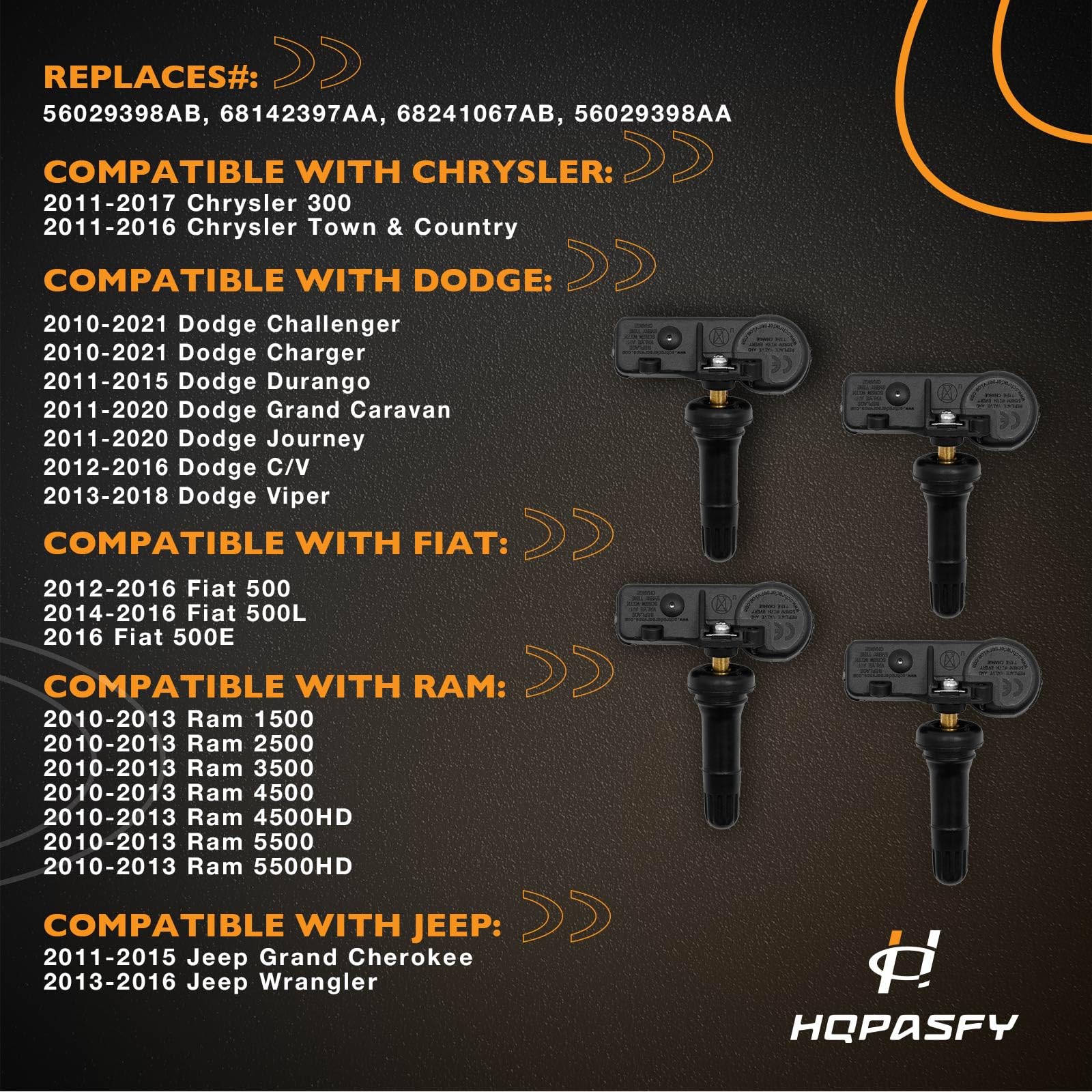 HQPASFY Tire Pressure Sensor 433MHz TPMS 4PCS Compatible with Dodge Charger Challenger Ram Chrysler 300 & More Replaces# 56029398AB