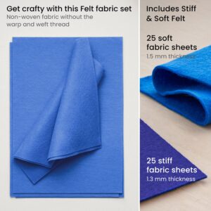 ARTEZA Blue Craft Felt Sheets, 8.3 x 11.8 Inches, Set of 50, 20 Soft and 30 Stiff Non Woven Felt Fabric for Sewing and DIY Projects