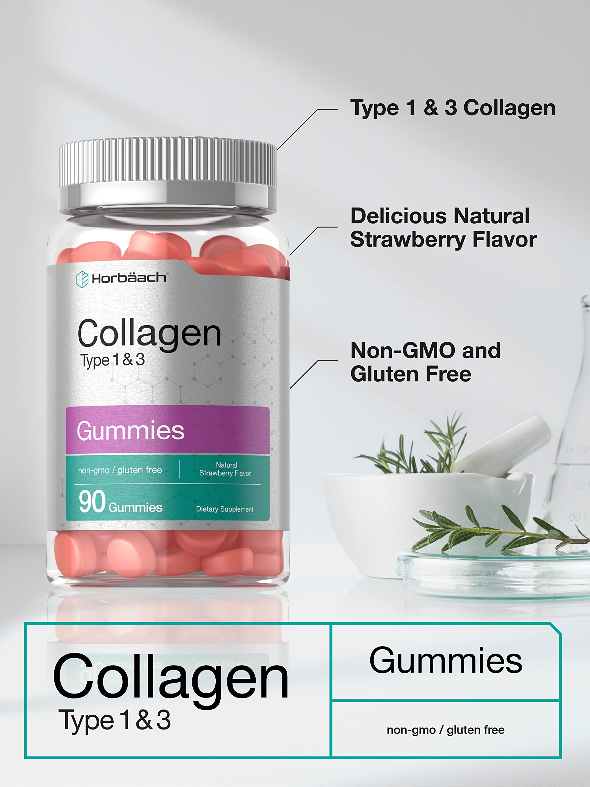 Horbäach Collagen Gummies | 90 Count | Strawberry Flavored Gummy | Hydrolyzed Type 1 and 3 | Non-GMO, Gluten Free