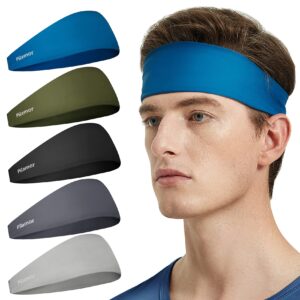 pilamor mens sweatbands(5pack), headbands for men and women, mens headband for running, football, yoga, basketball,thin and absorbent headbands (black,blue,green,gray,darkgray)