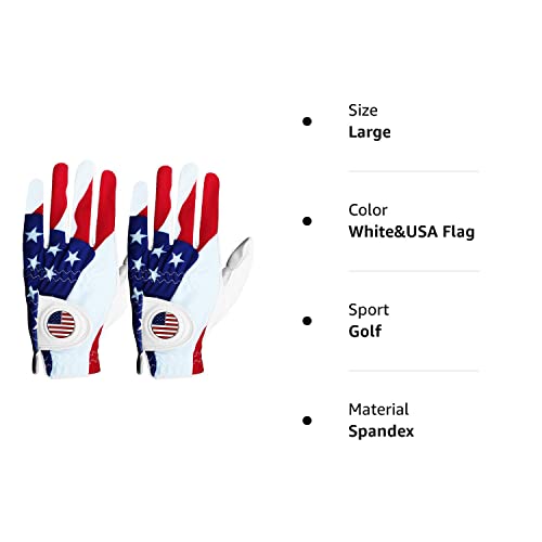 Golf Gloves Men Right Handed Golfer Left Hand with Ball Marker 2 Pack Leather Breathable Comfortable Weathersof Grip Size Small Medium ML Large XL (White&USA Flag, Large(Worn on Left Hand))