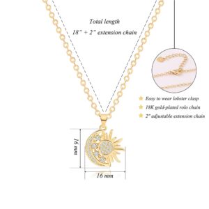 PERNNLA PEARL 18K Gold Cresent Moon Star Sun Pendant Necklaces for Women Dainty Celestial Coin Cute Necklace Layered Chain Necklaces Women Jewelry 18”