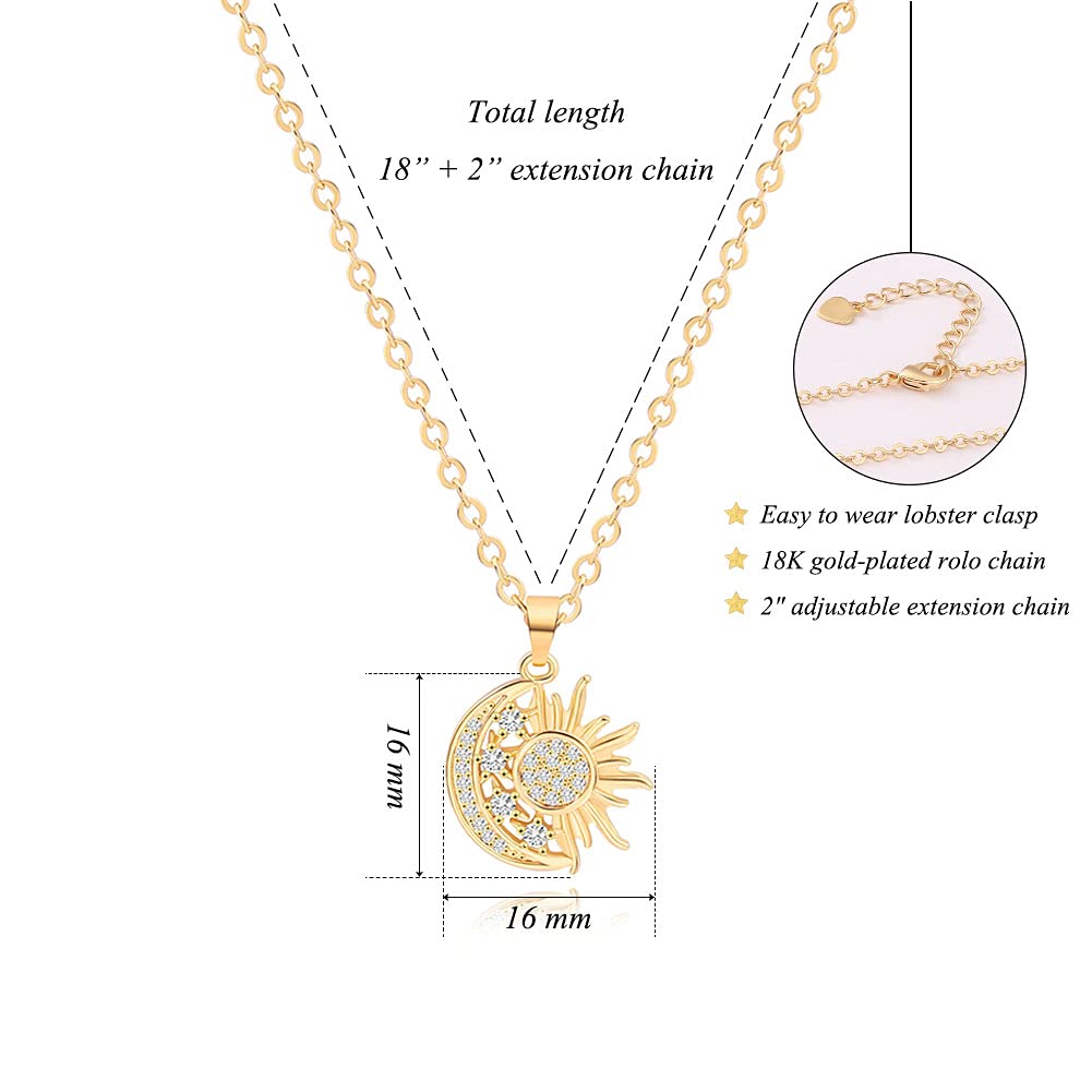 PERNNLA PEARL 18K Gold Cresent Moon Star Sun Pendant Necklaces for Women Dainty Celestial Coin Cute Necklace Layered Chain Necklaces Women Jewelry 18”