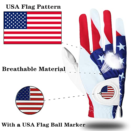 Golf Gloves Men Right Handed Golfer Left Hand with Ball Marker 2 Pack Leather Breathable Comfortable Weathersof Grip Size Small Medium ML Large XL (White&USA Flag, Large(Worn on Left Hand))