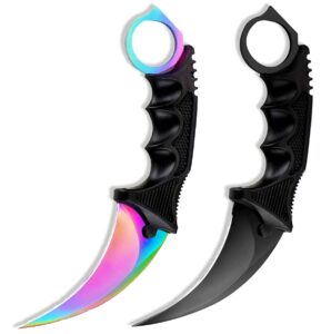 ldiwee karambit knife, cs-go game knife fixed blade knife, stainless steel knife with sheath and cord for camping hunting hiking adventure collection - rainbow and black