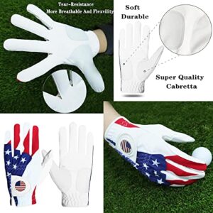 Golf Gloves Men Right Handed Golfer Left Hand with Ball Marker 2 Pack Leather Breathable Comfortable Weathersof Grip Size Small Medium ML Large XL (White&USA Flag, Large(Worn on Left Hand))