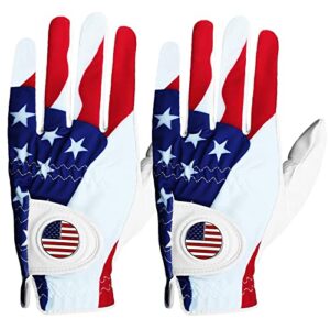 golf gloves men right handed golfer left hand with ball marker 2 pack leather breathable comfortable weathersof grip size small medium ml large xl (white&usa flag, large(worn on left hand))