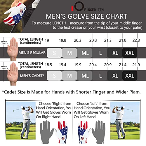 Golf Gloves Men Right Handed Golfer Left Hand with Ball Marker 2 Pack Leather Breathable Comfortable Weathersof Grip Size Small Medium ML Large XL (White&USA Flag, Large(Worn on Left Hand))