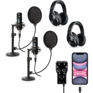 movo smartphone podcast microphone bundle for iphone, ipad - 2x condenser microphone, 2x desktop mic stand, 2x studio headphones, dual channel xlr interface - studio microphone for streaming kit