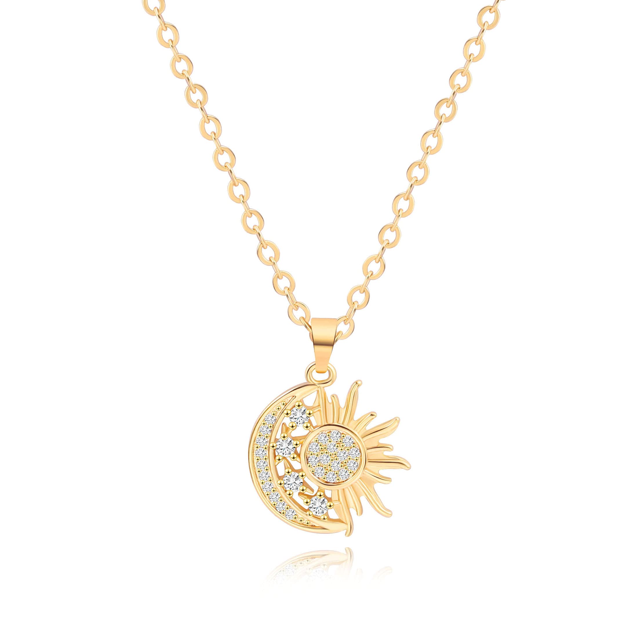 PERNNLA PEARL 18K Gold Cresent Moon Star Sun Pendant Necklaces for Women Dainty Celestial Coin Cute Necklace Layered Chain Necklaces Women Jewelry 18”