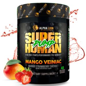 alpha lion superhuman pump pre workout powder, nootropic caffeine & stim free preworkout supplement, nitric oxide booster, muscle gainer, energy & focus (42 servings, mango veiniac flavor)