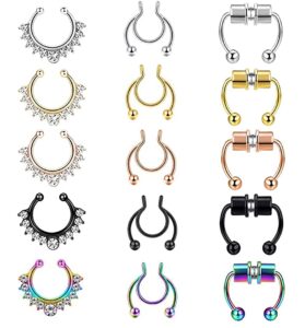 revolia 15 pcs fake nose rings hoop stainless steel fake septum ring faux non-pierced clip on nose hoop 5c