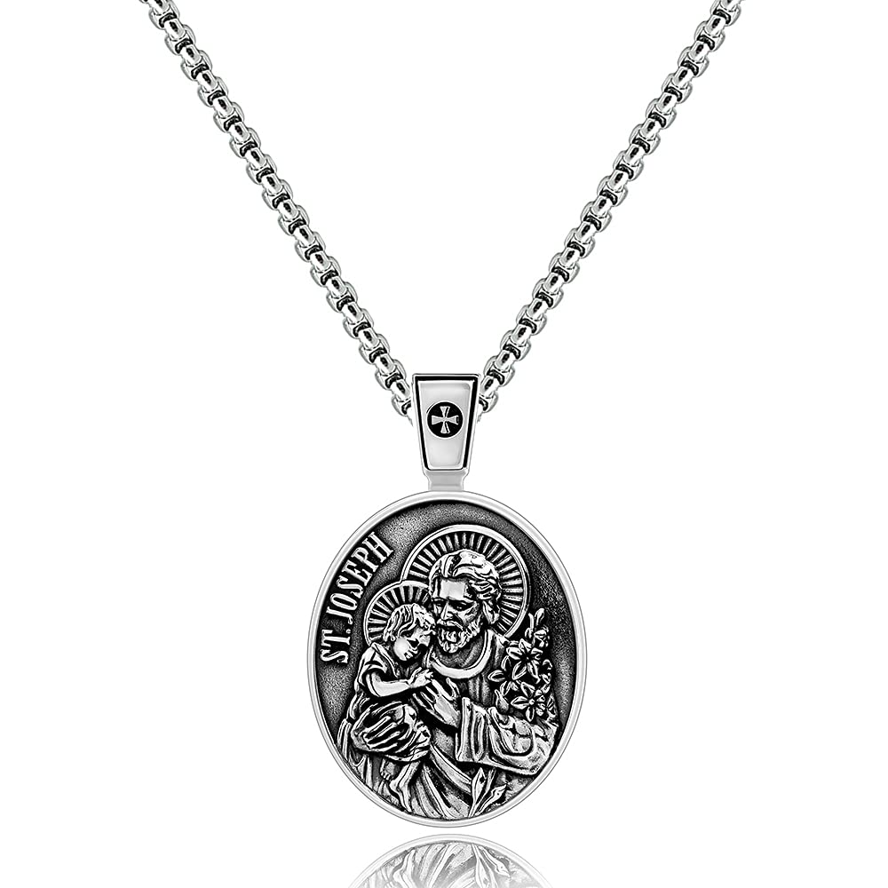 VENICEBEE® Saint Joseph Medal St. Joseph Father with Son Jesus Christ Devotional Christian Amulet Solid 925 Sterling Silver Pendant Necklace + Velvet Pouch, Polishing Cloth, Fine Gift Box