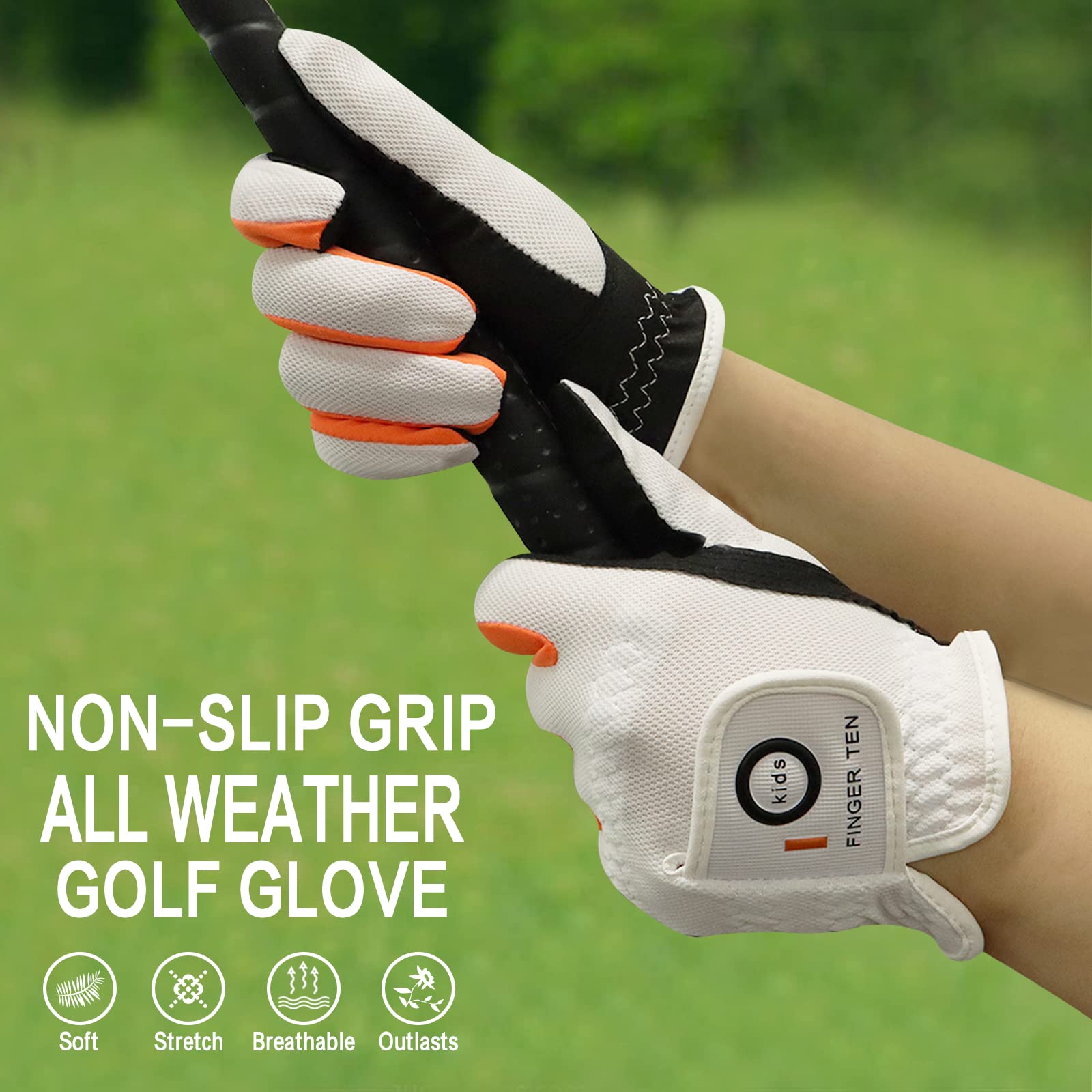 FINGER TEN Golf Gloves for Kids Boys Girls Both Left Right Hand Value 1 Pair, Toddler Junior Youth Golf Glove White Green Black (White, Medium)