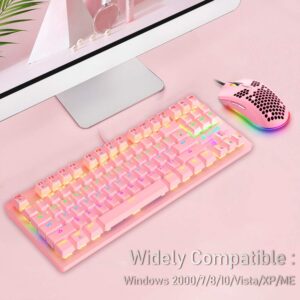 Pink Mechanical Gaming Keyboard Blue Switch Mini 87 Keys Wired Rainbow LED Backlit Keyboard Professional Lightweight Gaming Mouse Gaming Mice Pad for Gamers and Typists