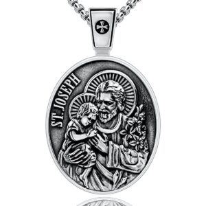 venicebee® saint joseph medal st. joseph father with son jesus christ devotional christian amulet solid 925 sterling silver pendant necklace + velvet pouch, polishing cloth, fine gift box