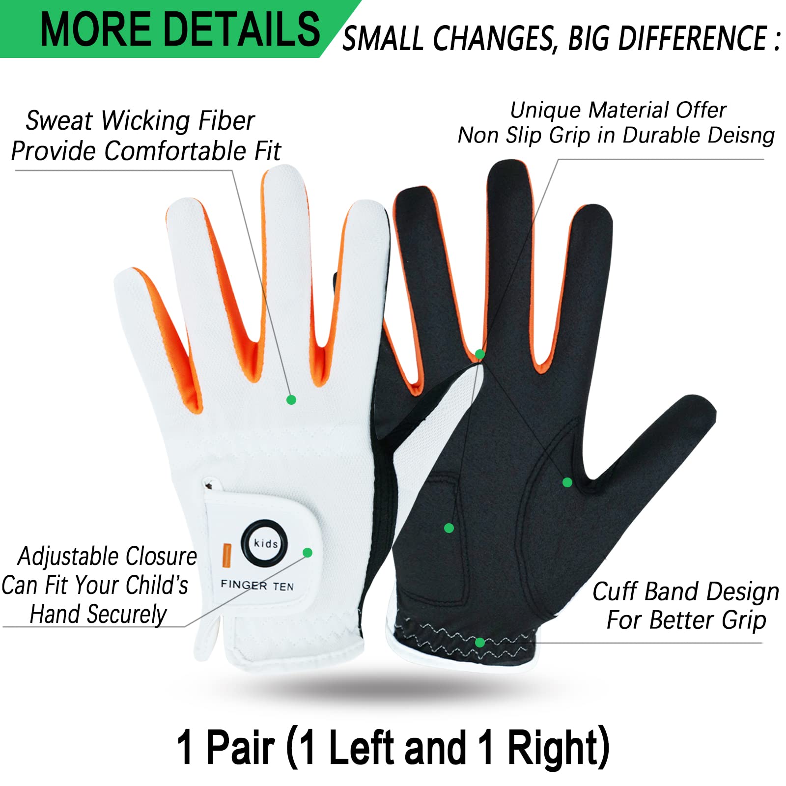 FINGER TEN Golf Gloves for Kids Boys Girls Both Left Right Hand Value 1 Pair, Toddler Junior Youth Golf Glove White Green Black (White, Medium)