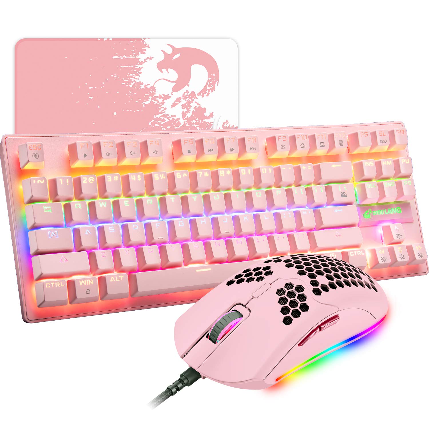 Pink Mechanical Gaming Keyboard Blue Switch Mini 87 Keys Wired Rainbow LED Backlit Keyboard Professional Lightweight Gaming Mouse Gaming Mice Pad for Gamers and Typists