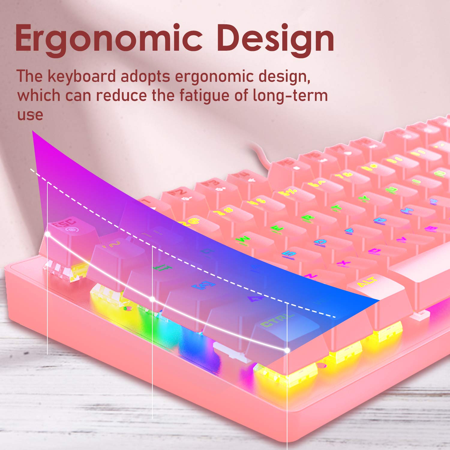 Pink Mechanical Gaming Keyboard Blue Switch Mini 87 Keys Wired Rainbow LED Backlit Keyboard Professional Lightweight Gaming Mouse Gaming Mice Pad for Gamers and Typists