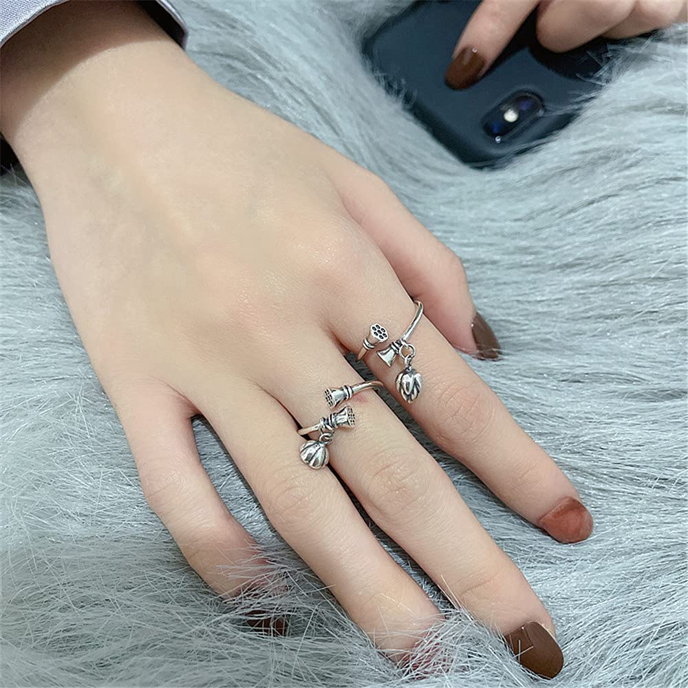 NewZenro Vintage Lotus Flowers Adjustable Open Rings for Women Dainty Lotus Root Sterling Silver Statement Engagement Promise Thin Band Rings Fashion Expandable Knuckle Finger Rings for Wife Daughter