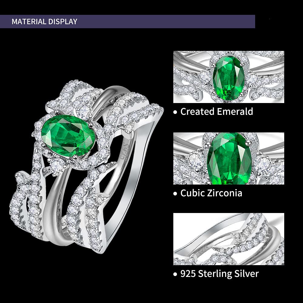 Yaresul 3pcs Silver Cubic Zirconia Wedding Ring Set for Women 5 * 8mm 925 Sterling Silver Green Created Emerald Ring Bridal Set Size 7