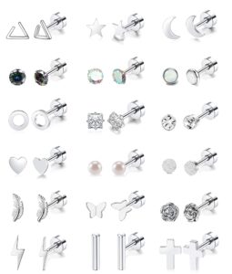 18 pairs cartilage stud earrings set for women men star triangle moon heart disc ball cz small stainless steel geometric barbell flatback piercing (silver)