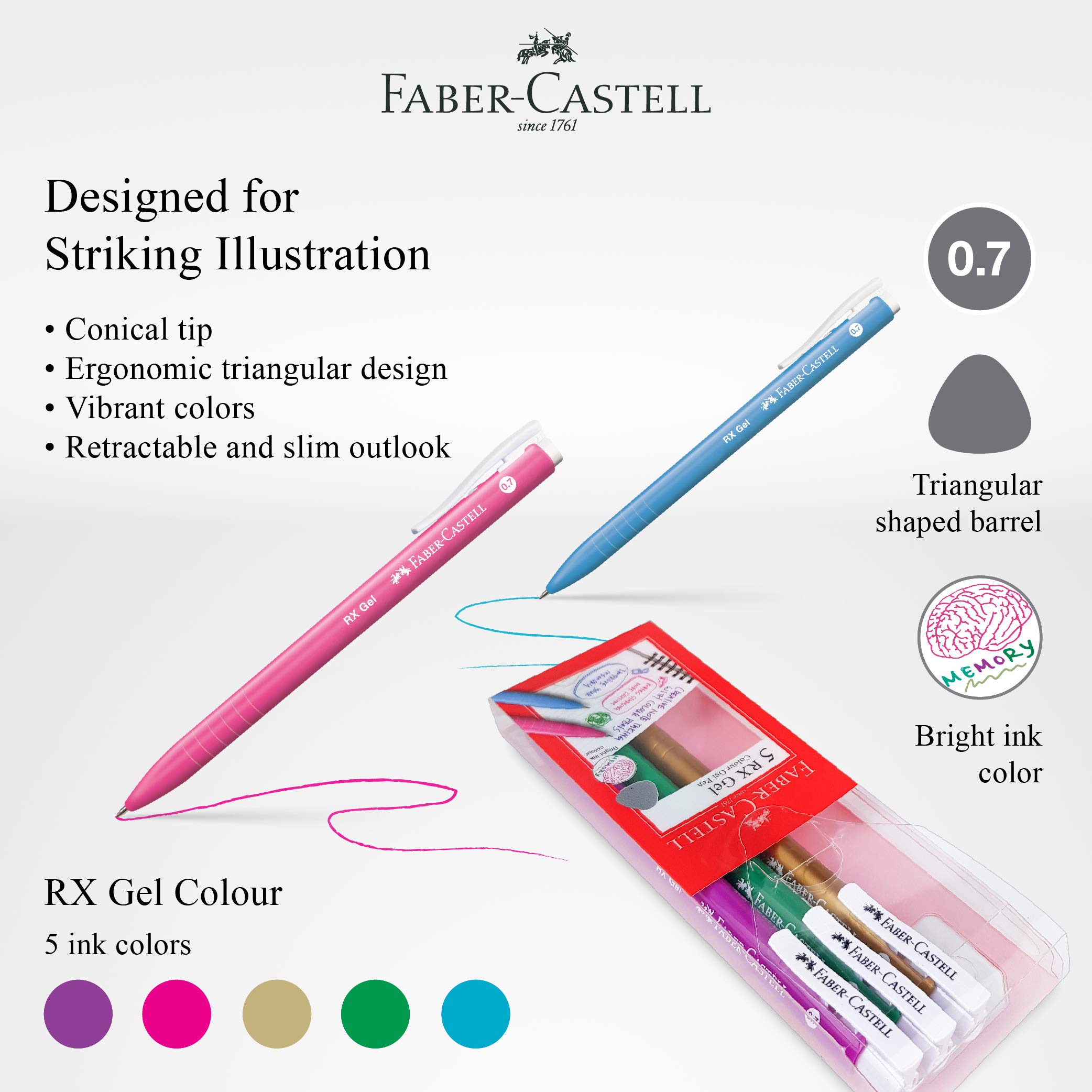 Faber-Castell RX Gel Color Pen (0.7mm, Wallet of 5 pcs)