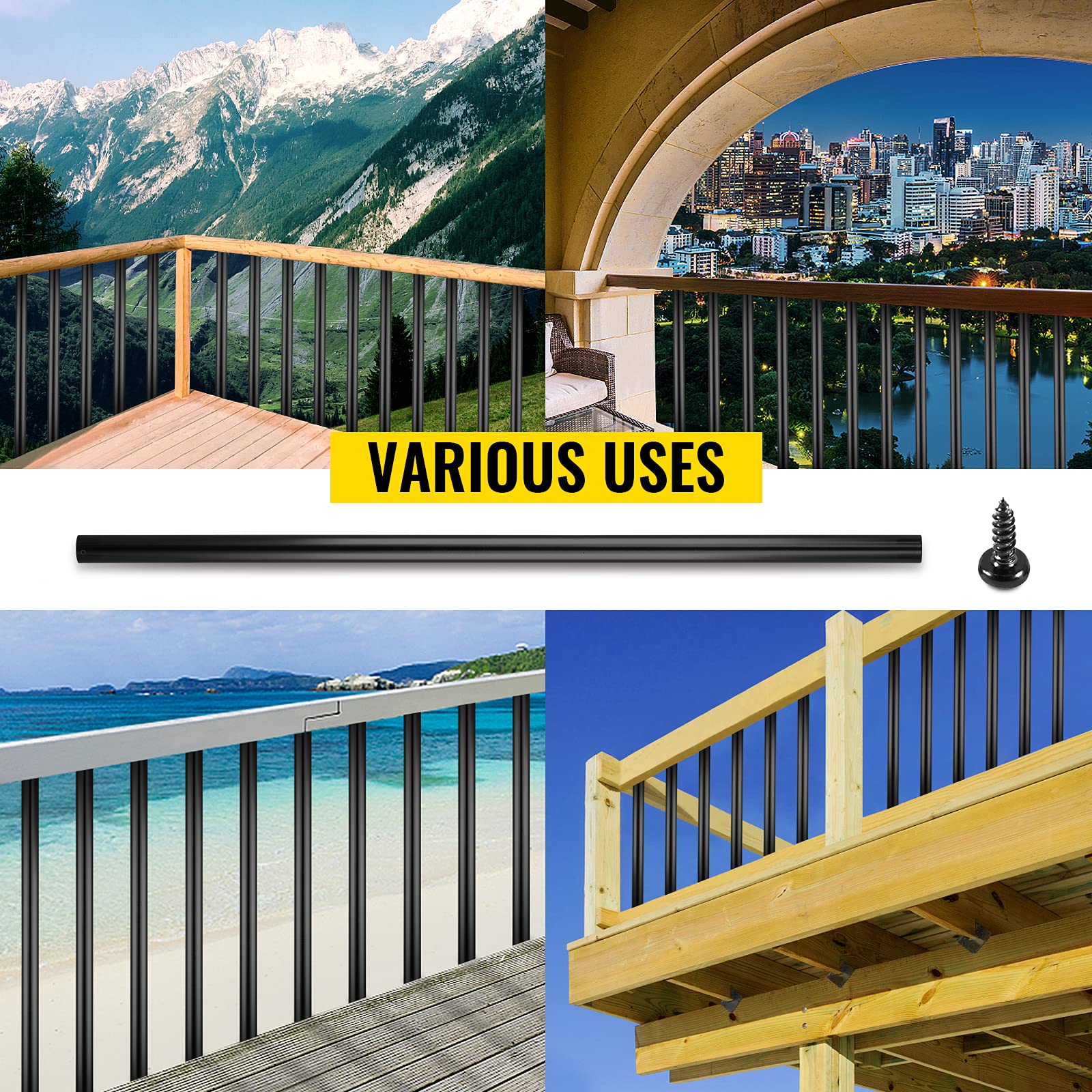 VEVOR Deck Balusters, 26"x0.75" Metal Deck Spindles, 101 Pack Staircase Baluster with Screws, Aluminum Alloy Deck Railing for Wood and Composite Deck, Circle Baluster for Outdoor Stair Deck Porch