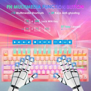 Pink Mechanical Gaming Keyboard Blue Switch Mini 87 Keys Wired Rainbow LED Backlit Keyboard Professional Lightweight Gaming Mouse Gaming Mice Pad for Gamers and Typists