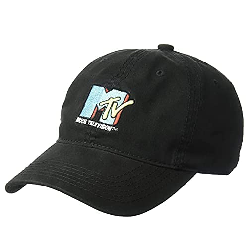 MTV Throwback Style Embroidered Logo Cotton Adjustable Baseball Cap with Curved Brim, Black, One Size