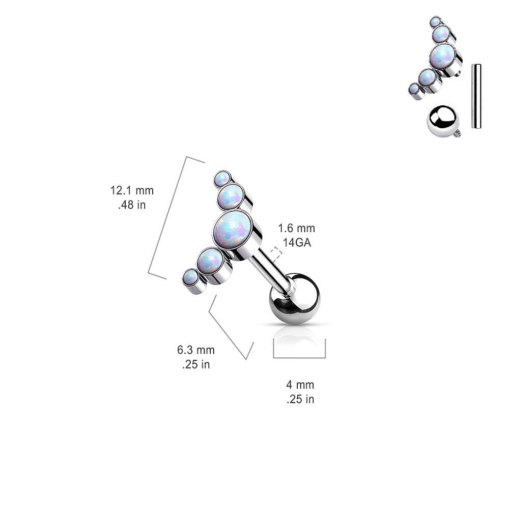 Pierced Owl 16GA G23 Implant Grade Titanium Internally Threaded Five Bezel Set Synthetic Opals Curved Top Cartilage Helix Ear Lobe Barbell Stud (Blue)