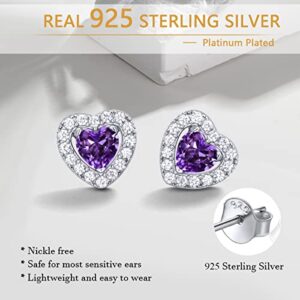 SIMPLGIRL 925 Sterling Silver Birthstone Stud Earrings for Women Girls February Birthstone Earrings Jewellery Gifts Silver Heart Stud Earrings with Cubic Zirconia Birthday Gifts (with Gift Box)