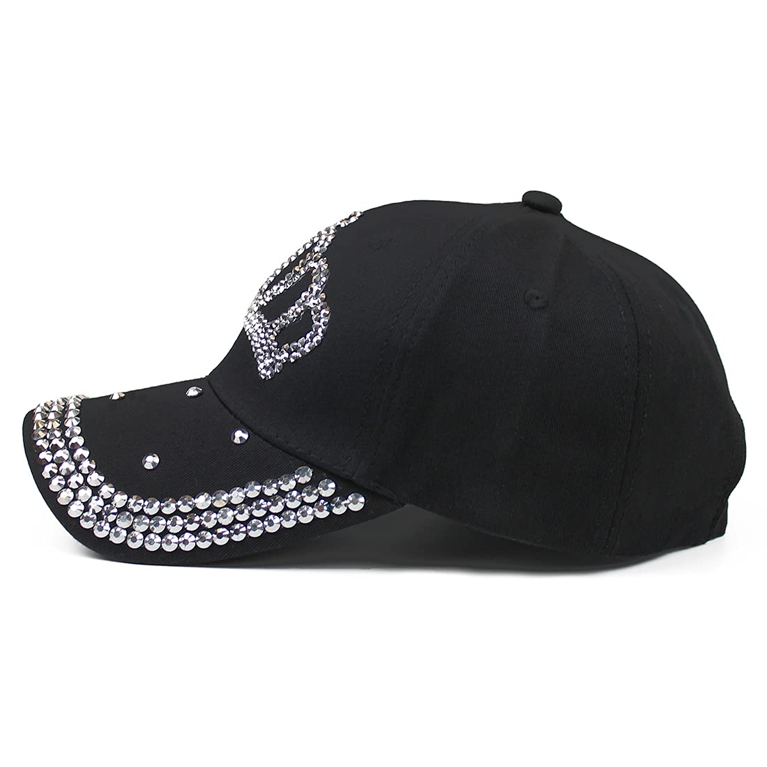 Gudessly Adjustable Women’s Bling Rhinestone Bejeweled Cotton Denim Baseball Cap Hip Hop Hat (A-Crown Black)