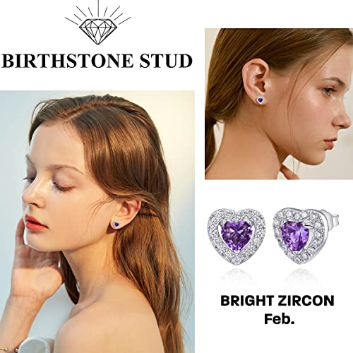 SIMPLGIRL 925 Sterling Silver Birthstone Stud Earrings for Women Girls February Birthstone Earrings Jewellery Gifts Silver Heart Stud Earrings with Cubic Zirconia Birthday Gifts (with Gift Box)