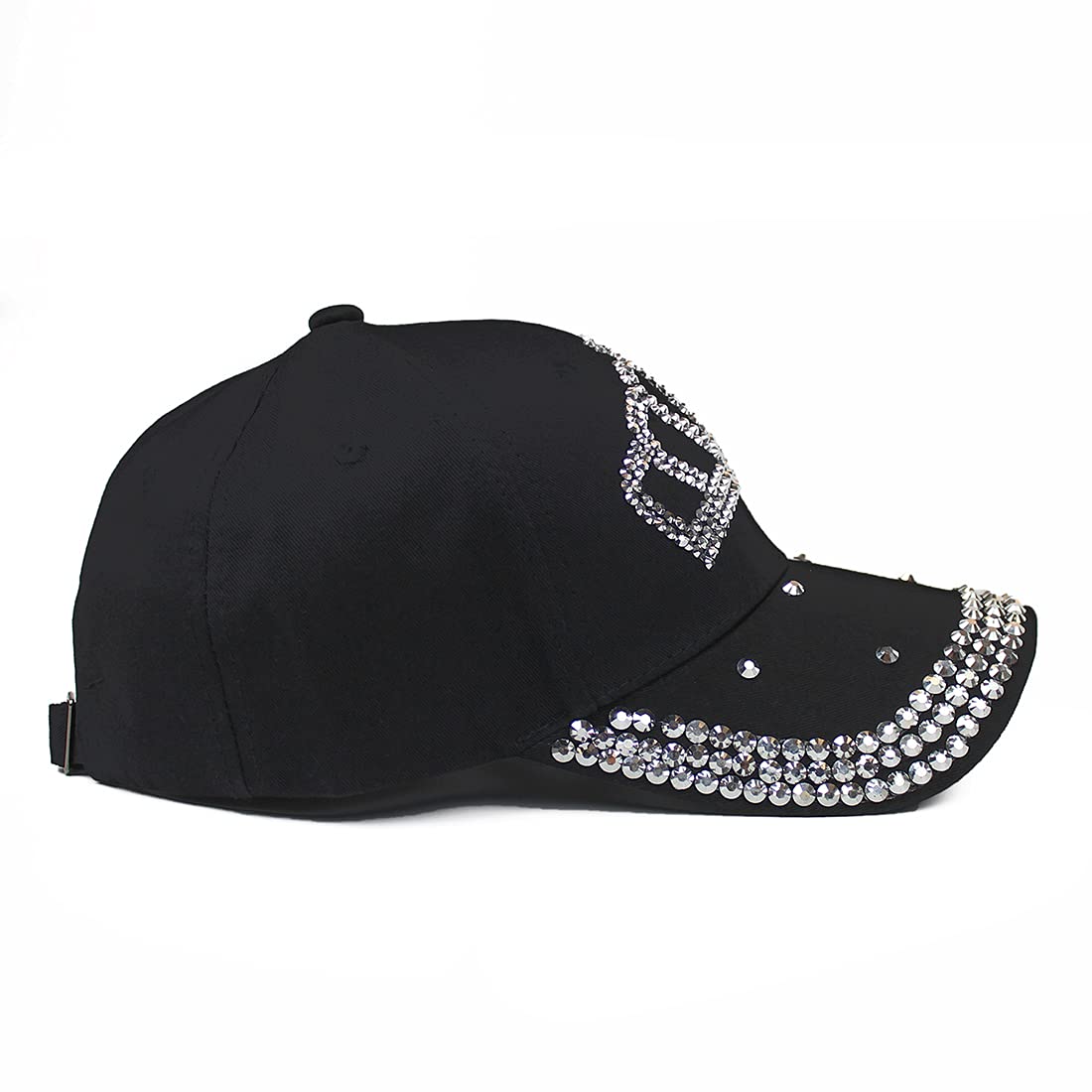 Gudessly Adjustable Women’s Bling Rhinestone Bejeweled Cotton Denim Baseball Cap Hip Hop Hat (A-Crown Black)