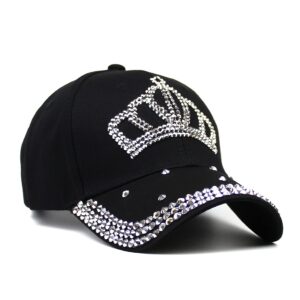 Gudessly Adjustable Women’s Bling Rhinestone Bejeweled Cotton Denim Baseball Cap Hip Hop Hat (A-Crown Black)