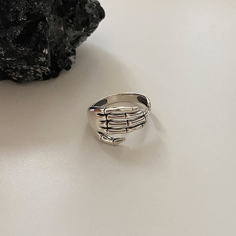 Vintage Skull Hand S925 Sterling Silver Open Band Ring for Women Girls Statement Adjustable Expandable Oxidized Gothic Skeleton Devil's Talons Finger Pinky Rings Comfort Fit Unisex Personalized Jewelry