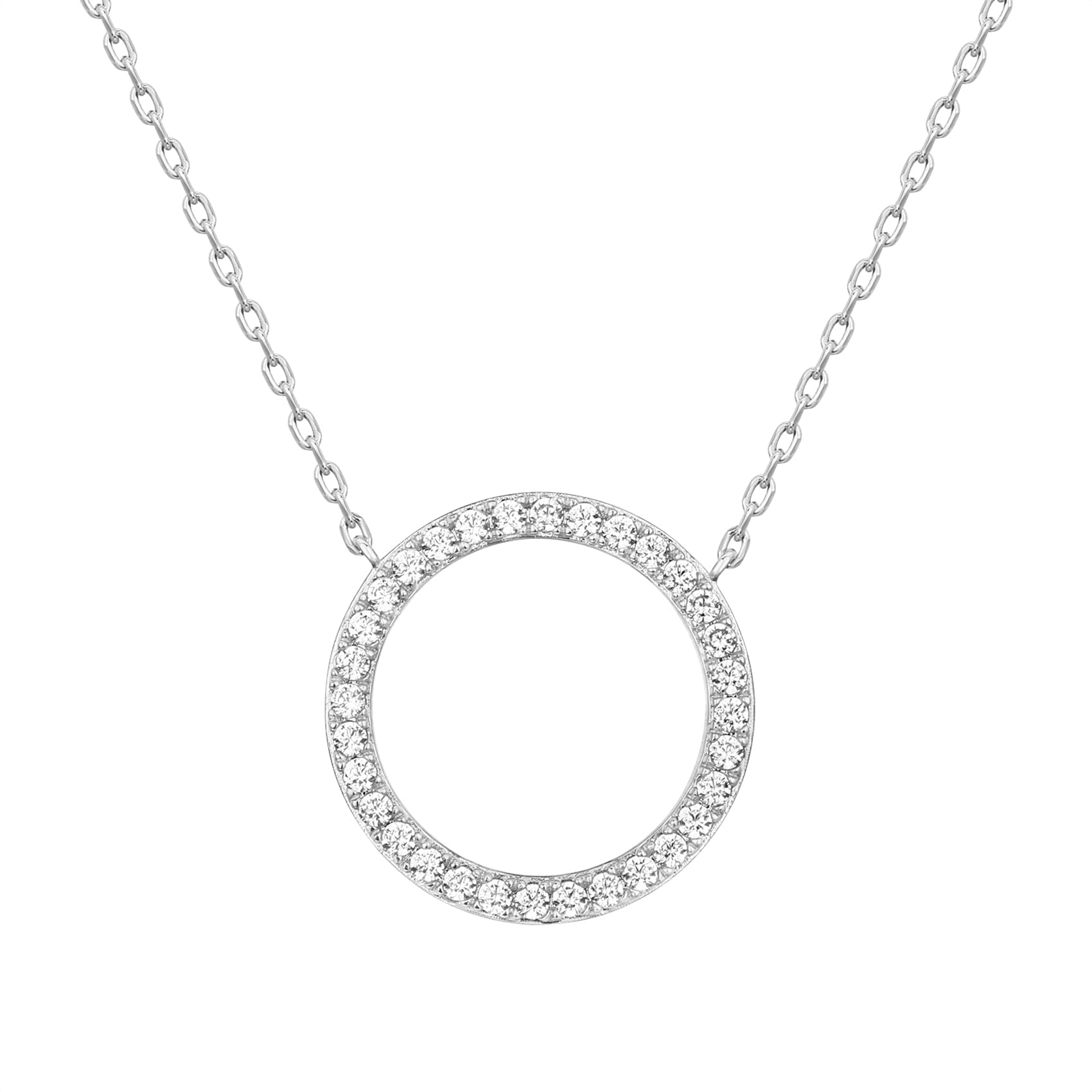 PAVOI 14K White Gold Plated Circle CZ Solitaire Necklace | Dainty Cubic Zirconia Halo Pendant Necklaces for Women